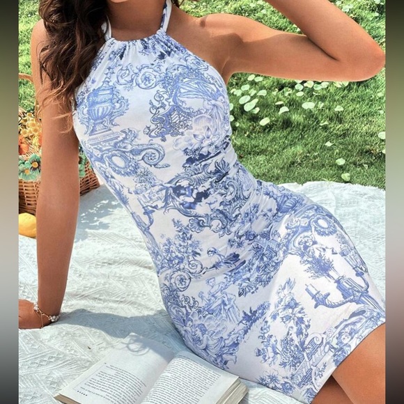 Dresses | New Blue Toile Halter Dress Large | Poshmark